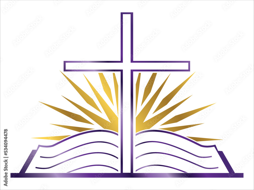 Church logo in purple and gold with open bible, a cross and a sun ...