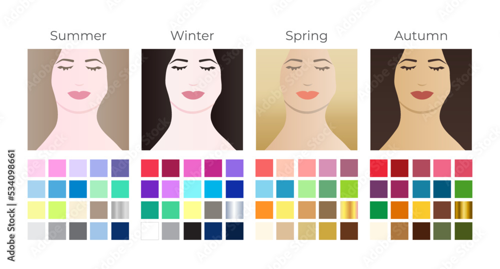 Seasonal Skin Color Analysis Color Swatches Palette with Woman Faces ...