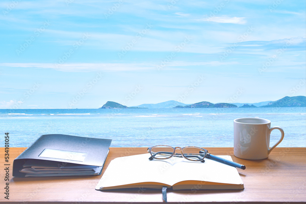 Sea, blue sky and white clouds And a fishing boat. As far as the eye ...