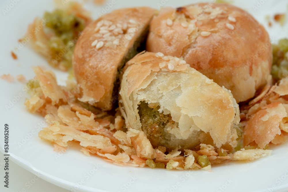 Indonesian local oven baked bread stuffed with green beans, with a ...