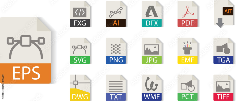 Illustrator file format collection. FXG, AI,EPS, PDF, AIT, SVG, PNG, JPG, EMF, TGA, TIFF, TXT ...