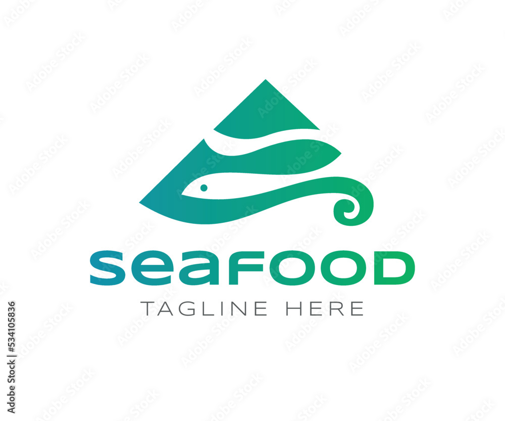 Abstract fish logo vector template. Linear triangle with fish mountain ...