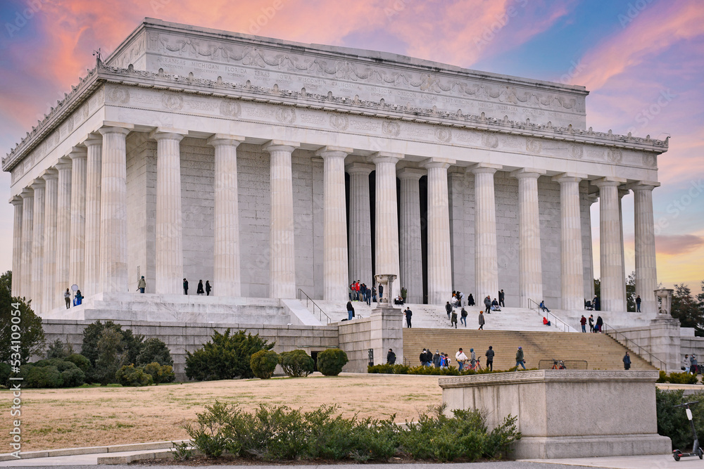 Lincoln Memorial building at dusk in the National Mall of Washington DC ...