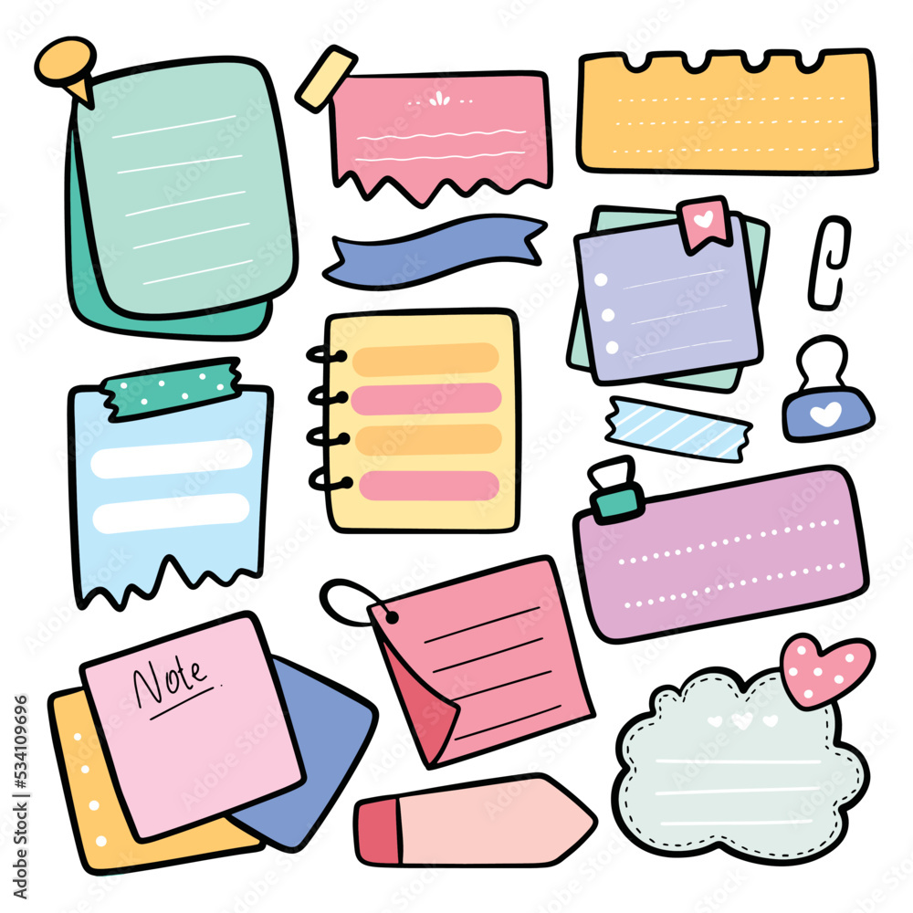 Cute hand drawn planner, journal, notepad, paper sheet, sticky note ...
