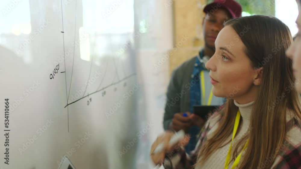 Woman leader, data analysis or whiteboard writing in training, teamwork ...