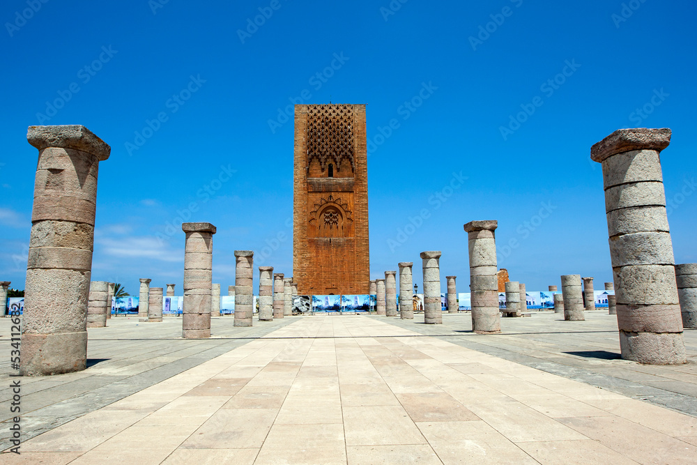 The magnificent Hassan Tower and stone columns at Rabat in Morocco. The ...