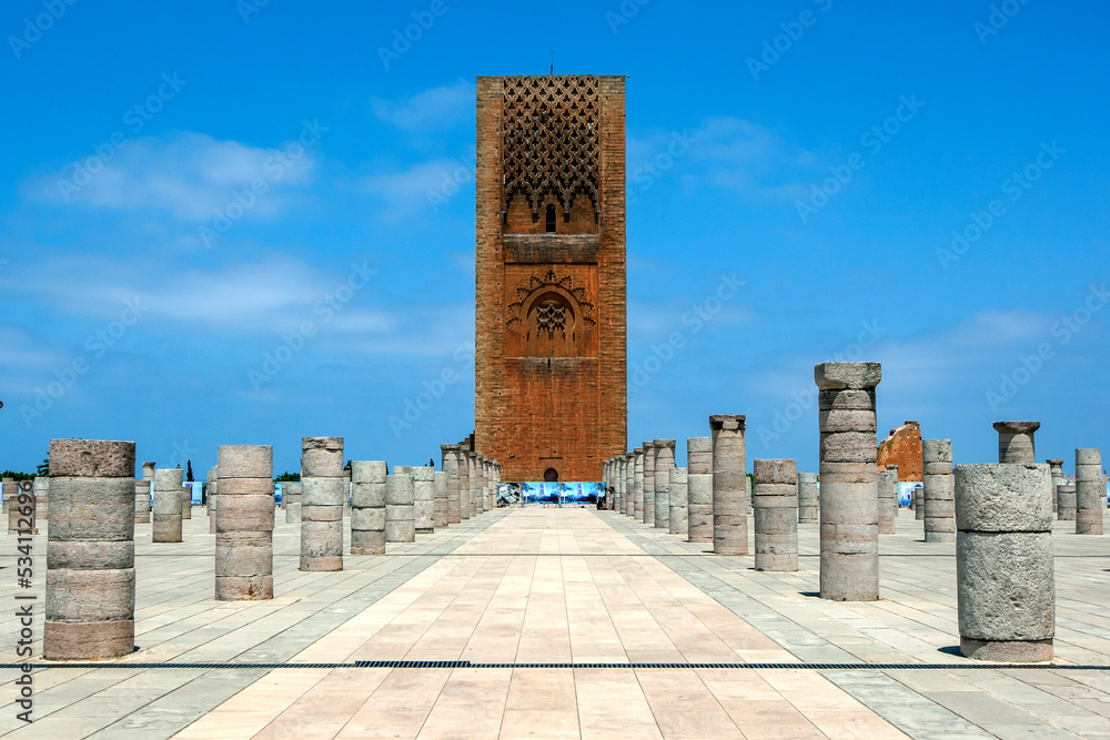 The magnificent Hassan Tower and stone columns at Rabat in Morocco. The ...