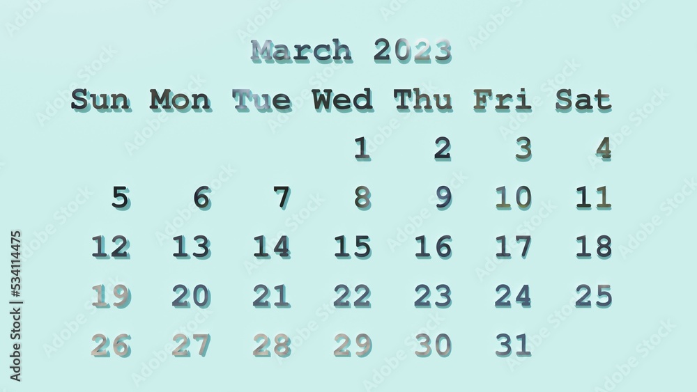 March 2023 monthly calendar with shiny metalic letters with a color ...