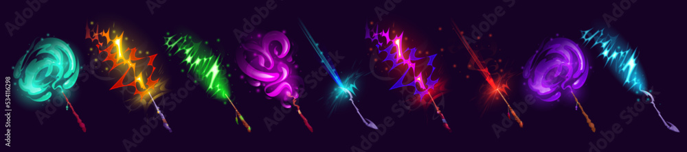 Set of magic wands with vfx light effect, wizard or witch sticks with ...