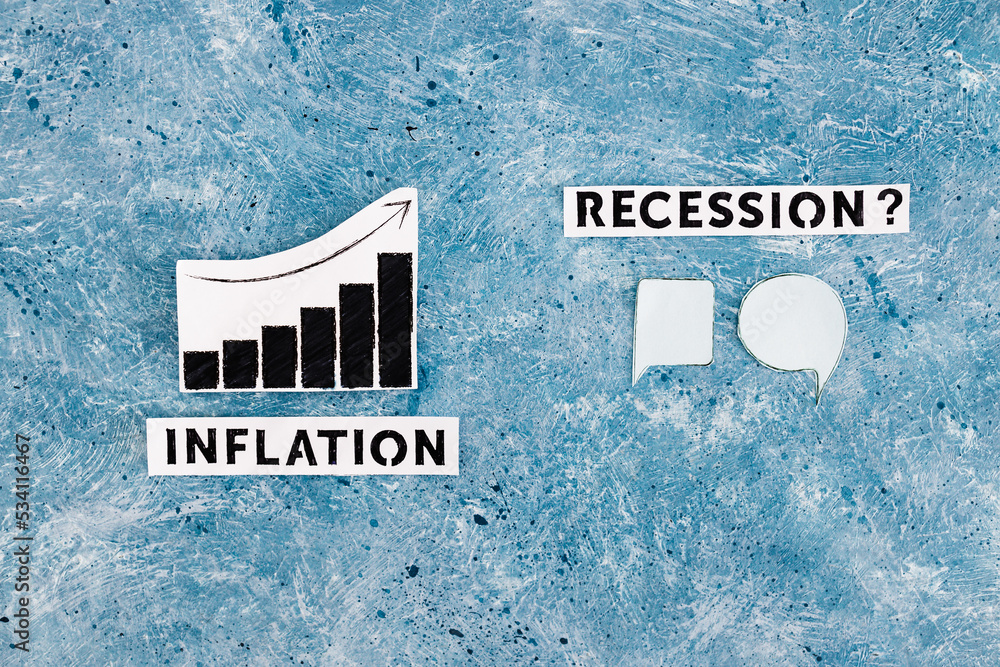 inflation text and graph showing prices going up next to recession text ...