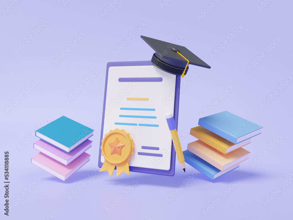 Diploma concept with graduation cap and book floating on pastel ...