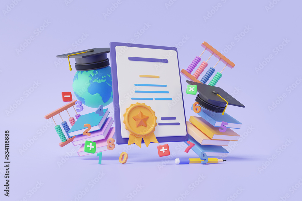 3D render graduation certificate diploma concept with graduation cap ...