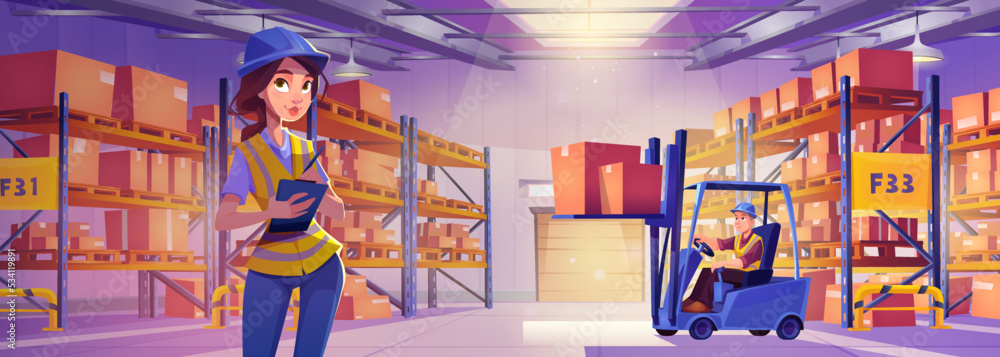 Warehouse workers, woman wear uniform with clipboard in hands and ...