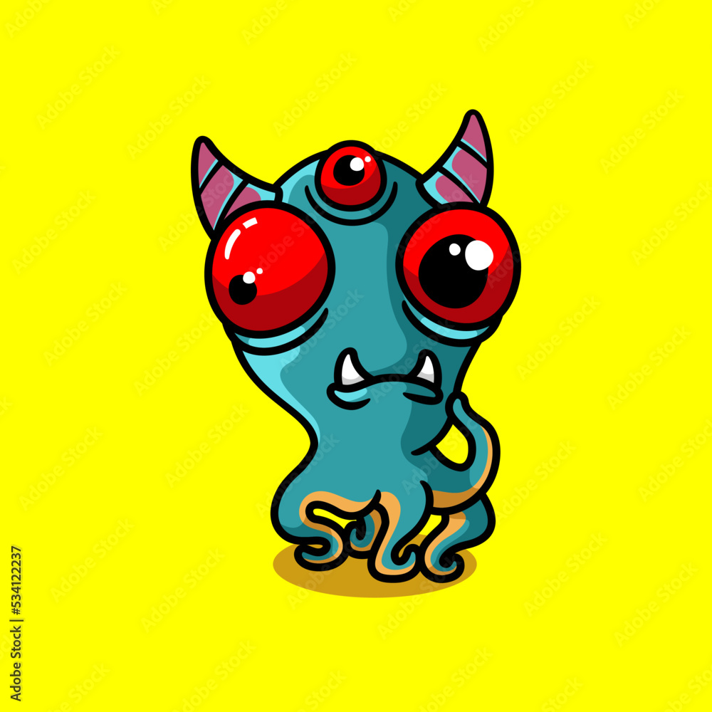 Monster Cartoon with horn Illustration. Premium vector. flat cartoon ...