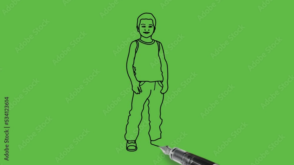 Draw little standing boy hold his hands in front pocket of trouser with ...
