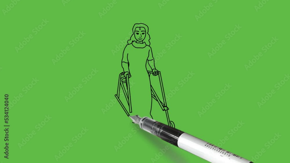 Draw standing girl with support of walker wearing blue and black long ...