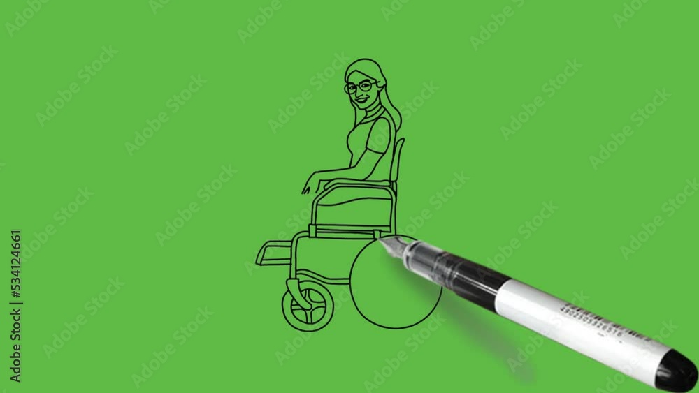 Draw handicapped dark complexion smiling girl sitting on grey color ...