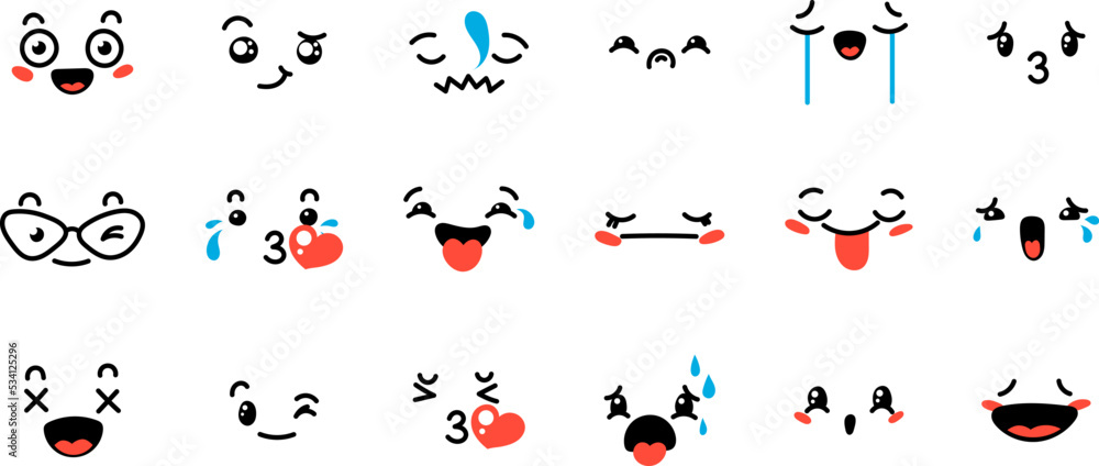 Various Cartoon Emoticons Set. Doodle faces, eyes and mouth. Caricature ...