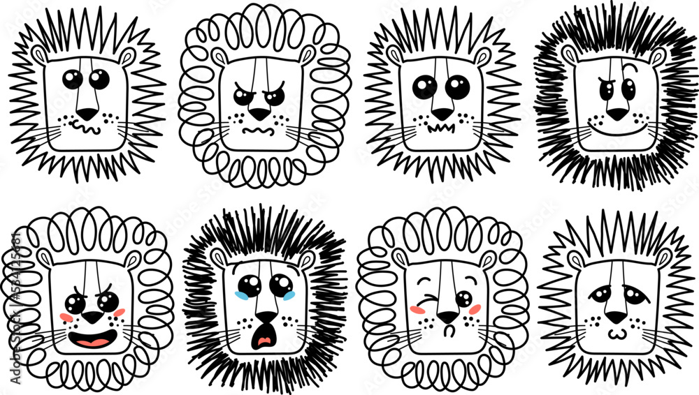 Isolated doodle cute Lion emoticons. Cute set of vector animals with ...