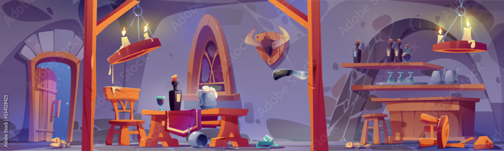 Medieval tavern after fight, ancient bar interior with broken wooden ...