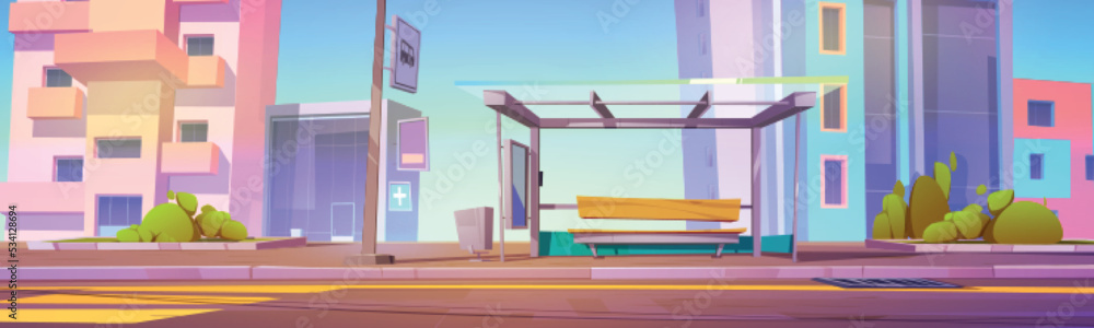 Bus stop with shelter on city street. Urban landscape with public ...