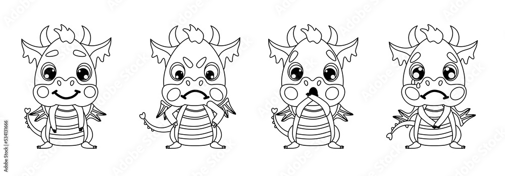 Set of emotions of a cute little baby dragon. Joy, surprise, sadness ...