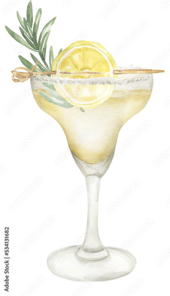 Watercolor hand drawn cocktail illustration with lemon. Beverages ...