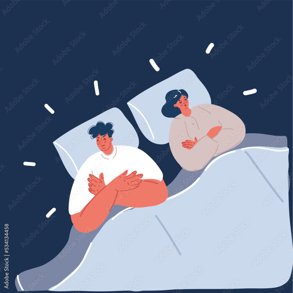 Cartoon vector illustration of Woman lying in bed with man. Couple have ...