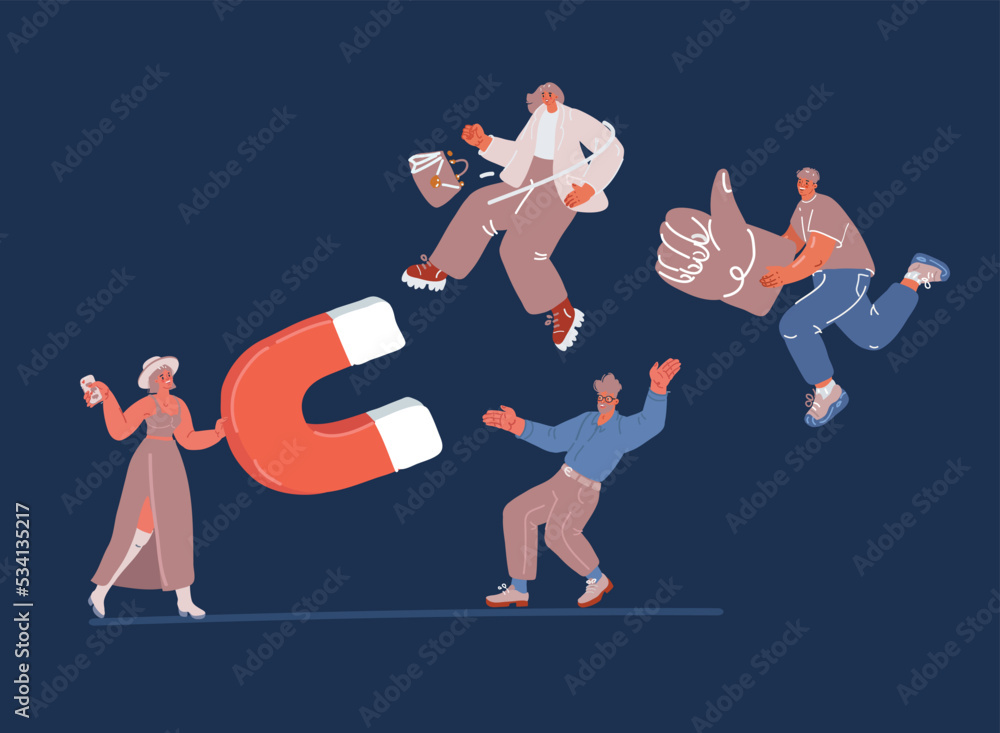 Cartoon vector illustration of Woman attracting people with magnet ...