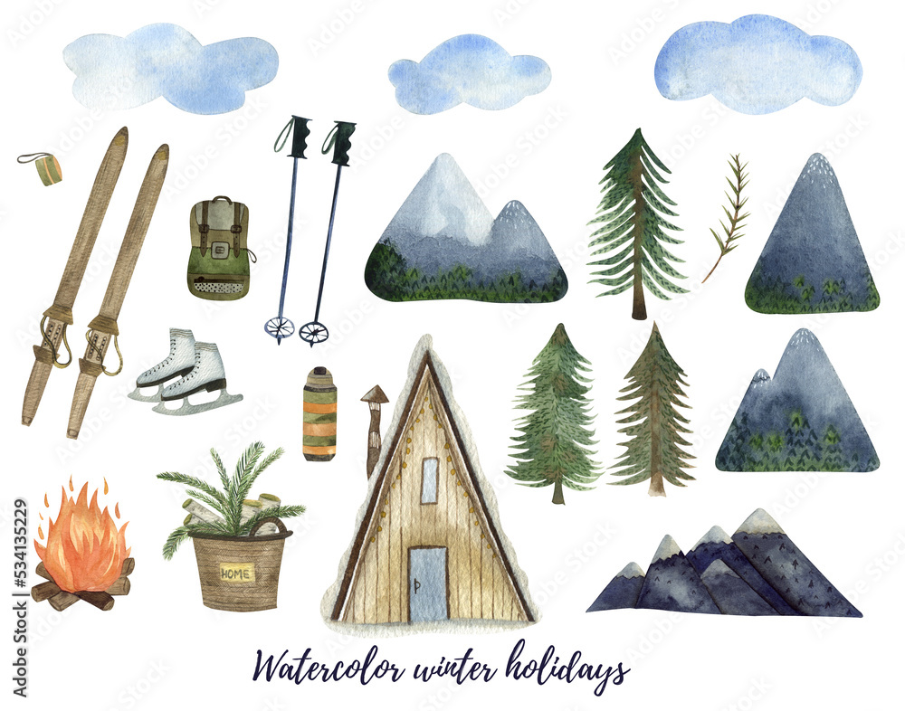 Watercolor big set of winter holidays in mountains. Winter activities ...