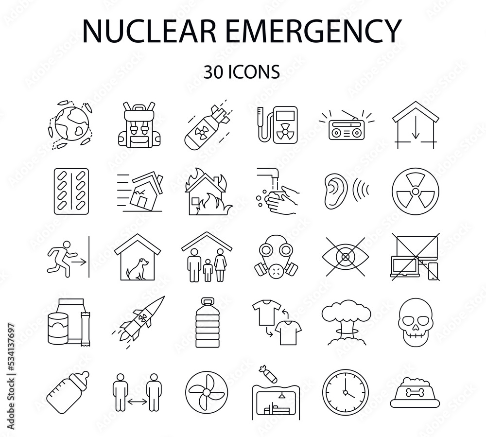Set with icons related to how to be prepared for a nuclear explosion ...