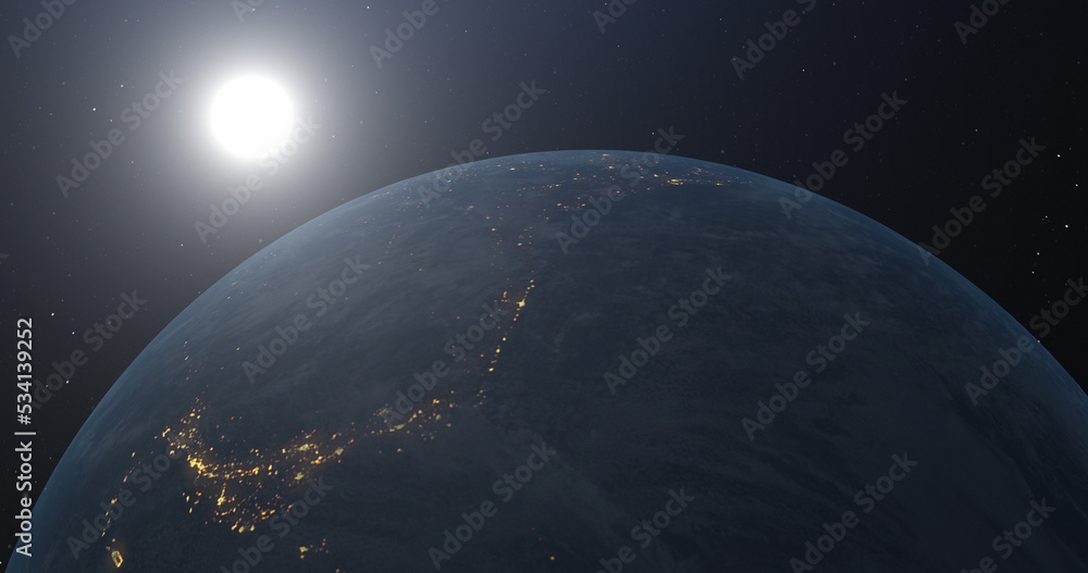 Bright sun illuminates the dark rotating planet earth. View from space ...