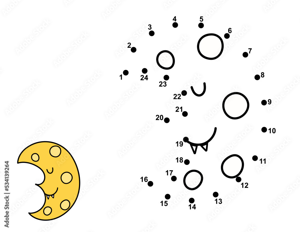 Dot to dot game for kids. Connect the dots and draw a spooky crescent ...