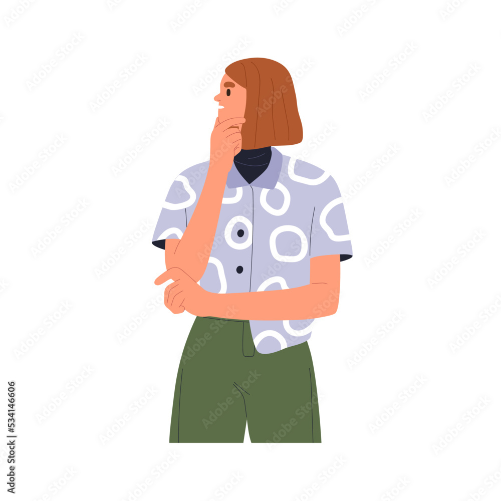 Woman thinking, wondering, pondering. Young curious puzzled girl in ...