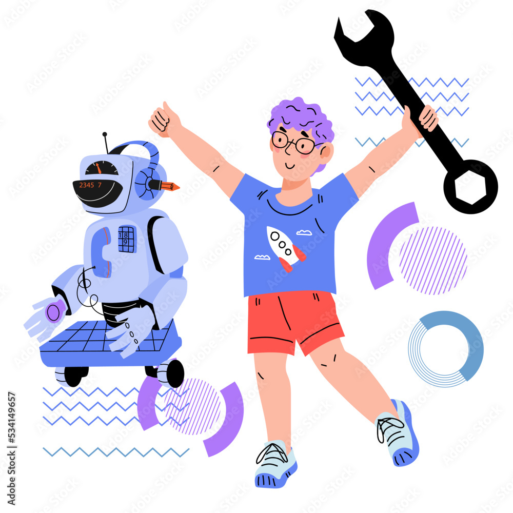 Child robotic and engineering, programming technology education, flat ...