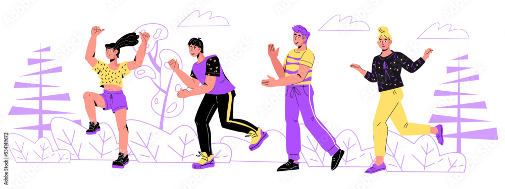 Group of runners running in the park male and female characters ...