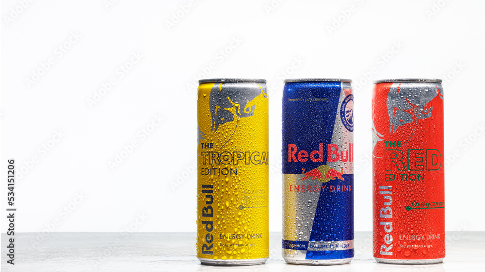 Can of Red Bull Energy Drink. Group of red bull on white background ...