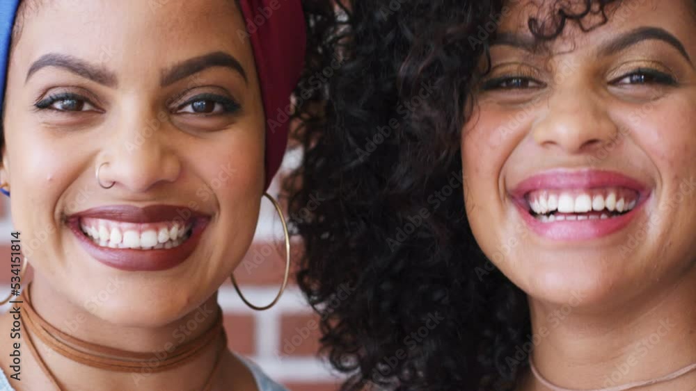 Portrait black women, identical twins and happy, smile or laughing ...
