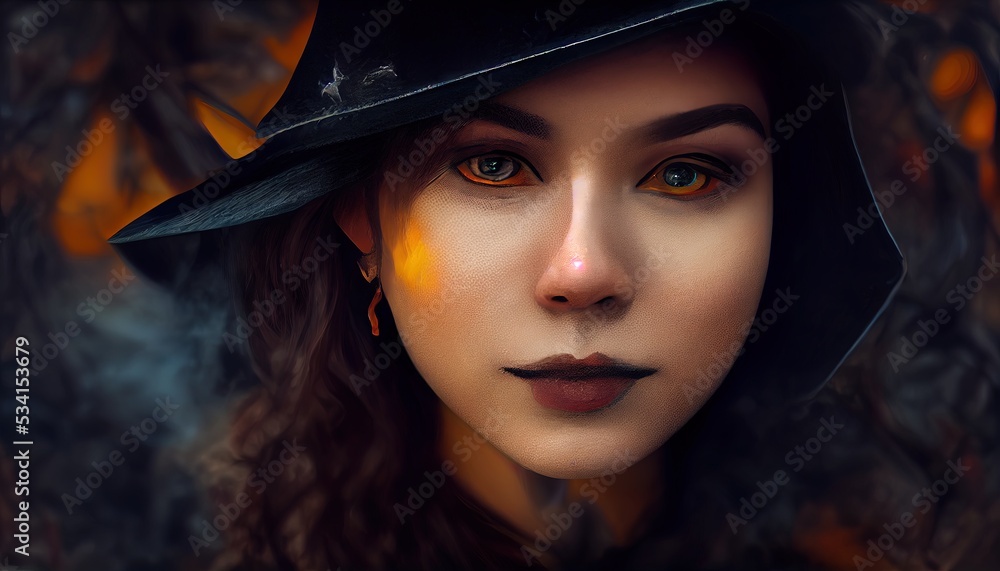 Halloween Sexy Witch portrait. Beautiful woman in witches hat. AI ...