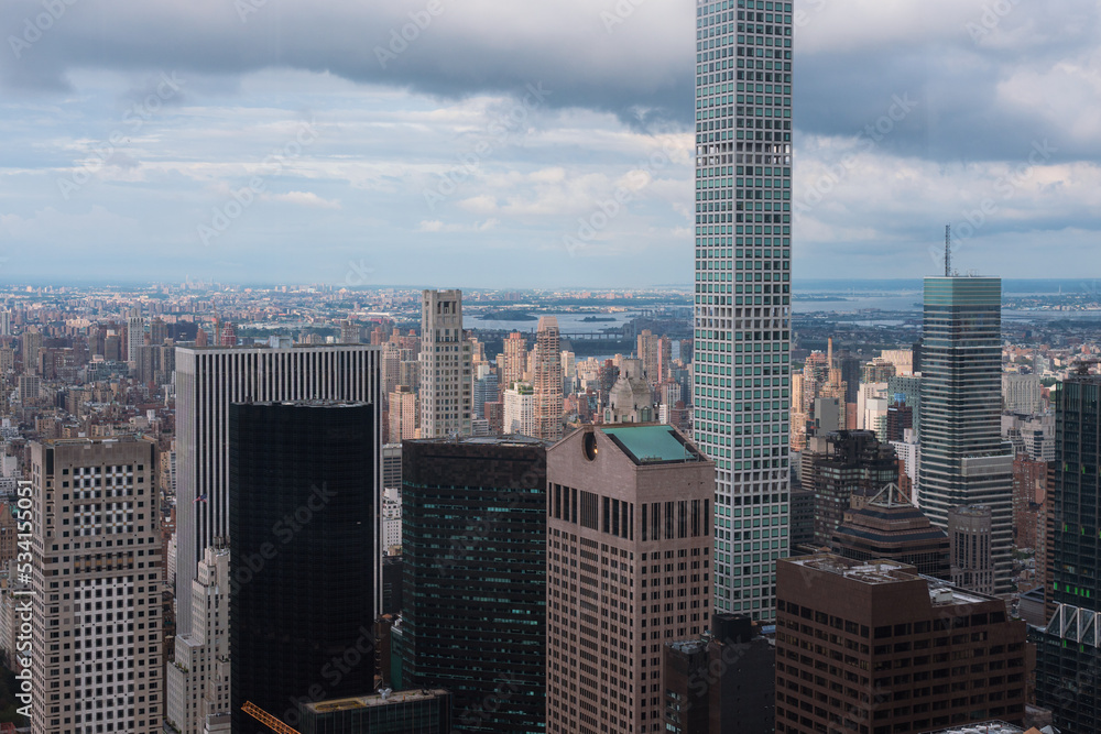 New York skyline from the panoramic roof of Rockefeller center. Aerial ...