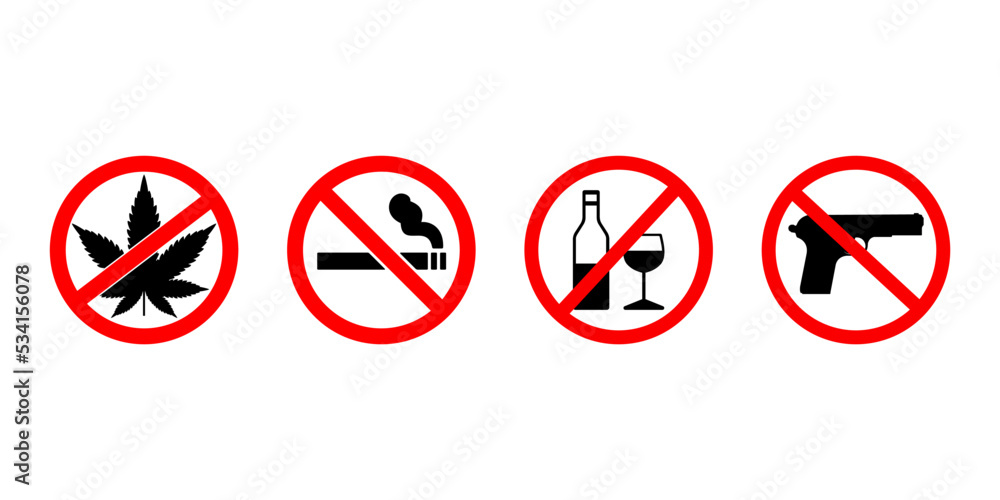 No Smoking, Marijuana, Alcohol and Guns Signs Vector On White ...