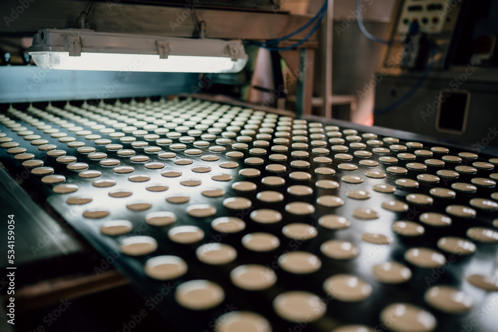 Huge factory line for sweet food and cookies production. Close up shots ...