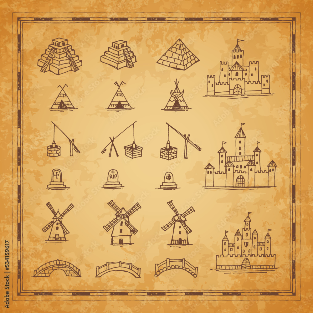 Vintage map sketches of castle, pyramid, bridge and windmill, tomb ...