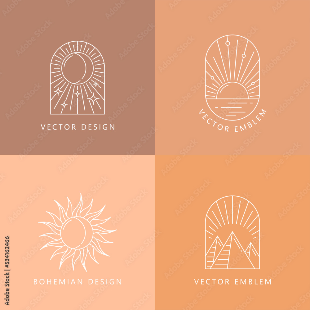 Boho sun, moon and pyramids with stars, vector outline icons. Bohemian ...