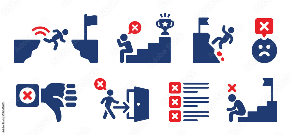 Fail or failure icon set isolated on white background. Man falling down ...