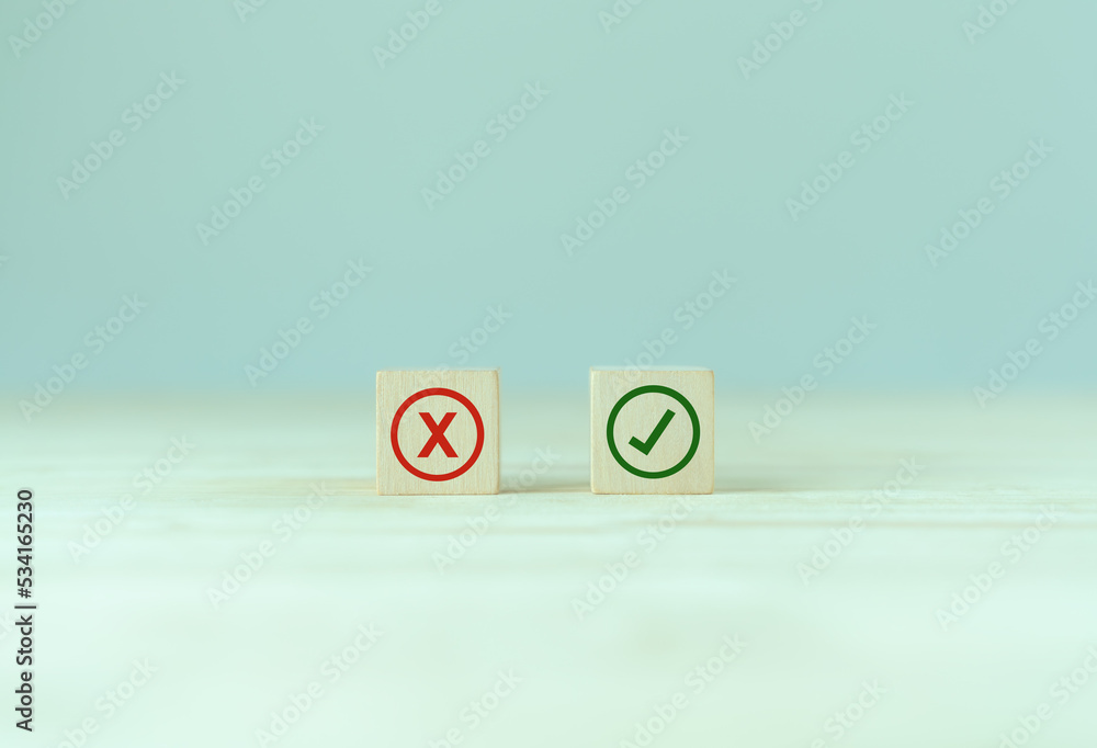 Regulatory compliance, project feasibility concept. Tick and cross ...