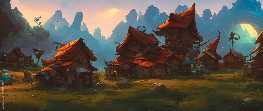 Artistic concept painting of a beautiful villagr houses, background 3d ...