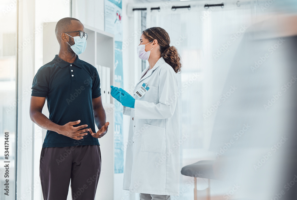 Covid, mask and doctor, woman consulting patient for corona virus ...