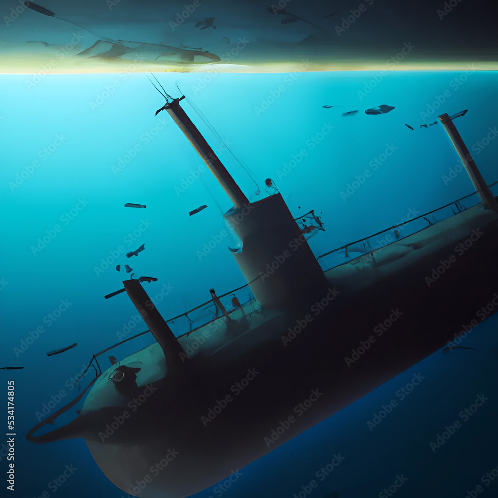 Submarine ship approaching a underwater damaged pipeline leaking in the ...