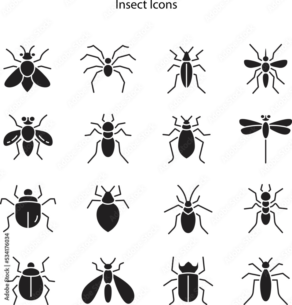 Bug of insect icon set. Vector illustration insect beetle. Isolated glyph icons bug and fly ...